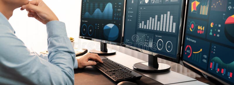 Analyst Working on Data Analysis BI Dashboard on Computer Monitor ...