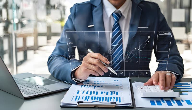 Analyst Works on Personal Computer and Calculator Stock Illustration ...