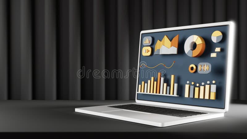 Analytical Charts on a Laptop Screen Standing at an Angle. 3D ...