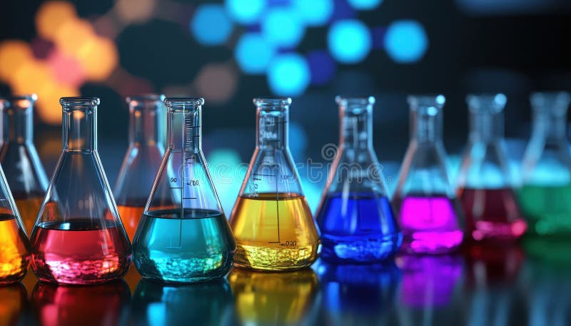 Analytical Chemistry Lab Setup with Colorful Liquids in Flasks during ...