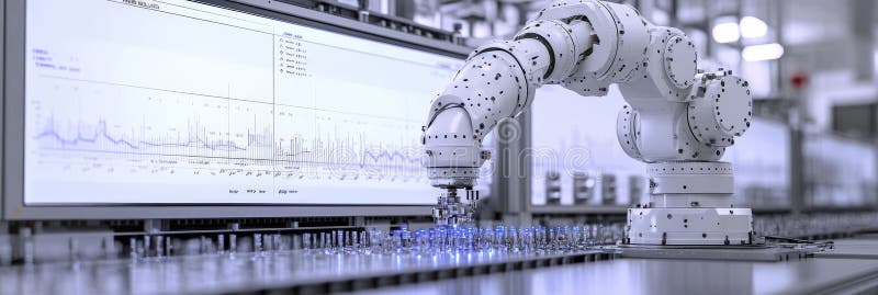 Analytical Robotic Arm Monitors Data on Production Line Stock ...