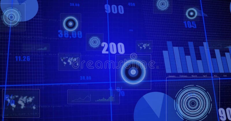 Analytics Dashboard Showing Glowing HUD Rings, Numeric Readouts, Bar Graph and Pie Chart on Grid ...