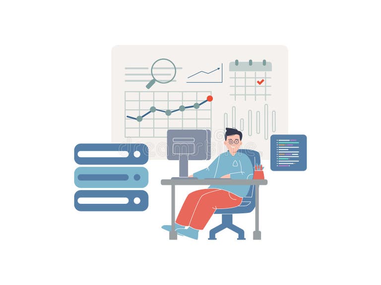 Analytics and Data Science Expert Character Worker Analyzing Data Chart ...