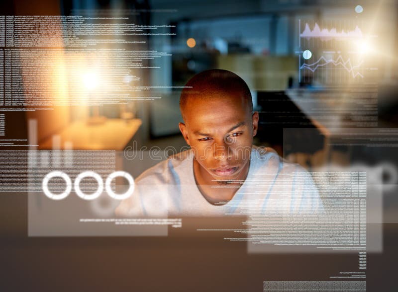 Analytics Database And Overlay With Man Programming In Office At Night For Coding Or Encryption
