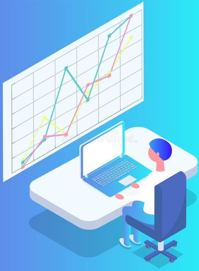 Man Analyses Digital Report with Data. Statistical Indicators and ...