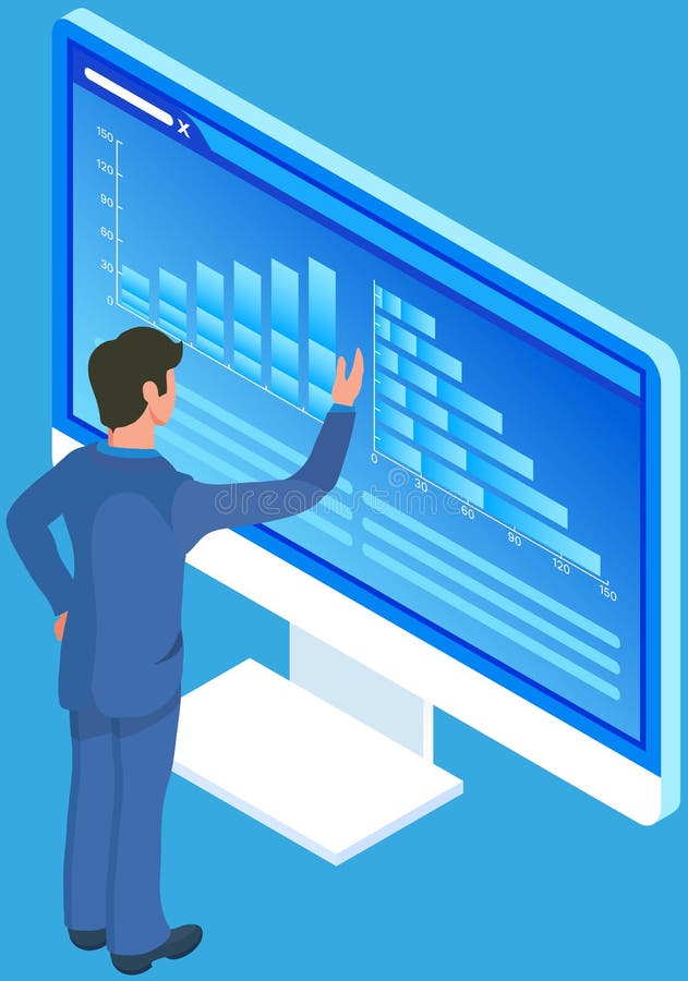 Man Analyses Digital Report with Data. Statistical Indicators and ...