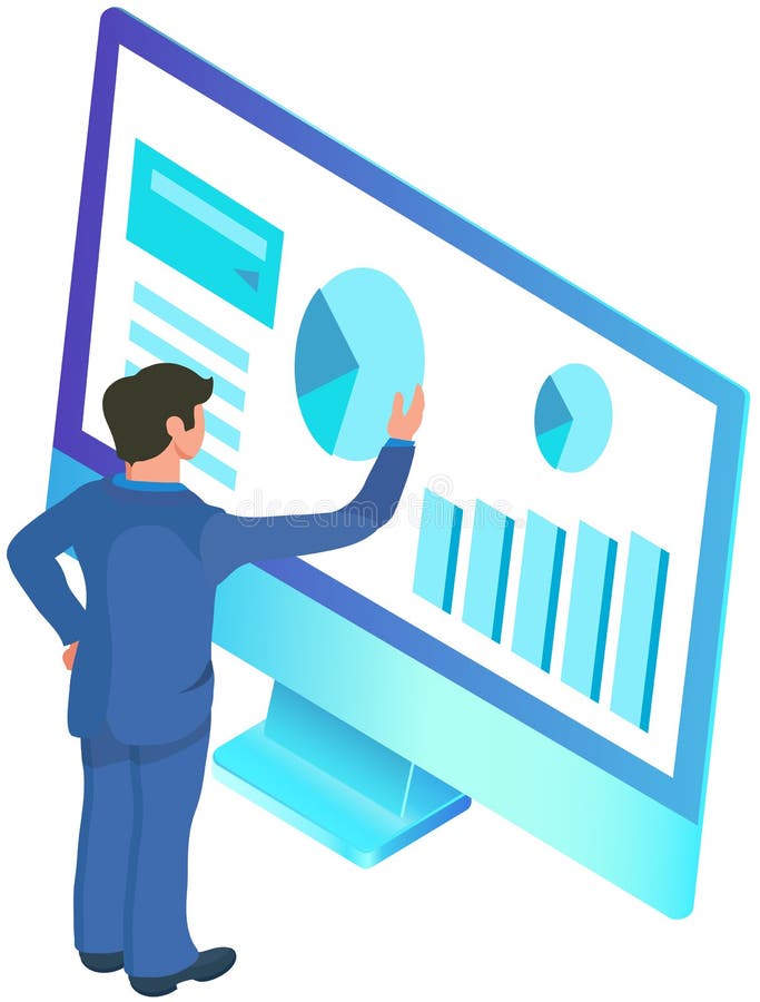Man Analyses Digital Report with Data. Statistical Indicators and ...