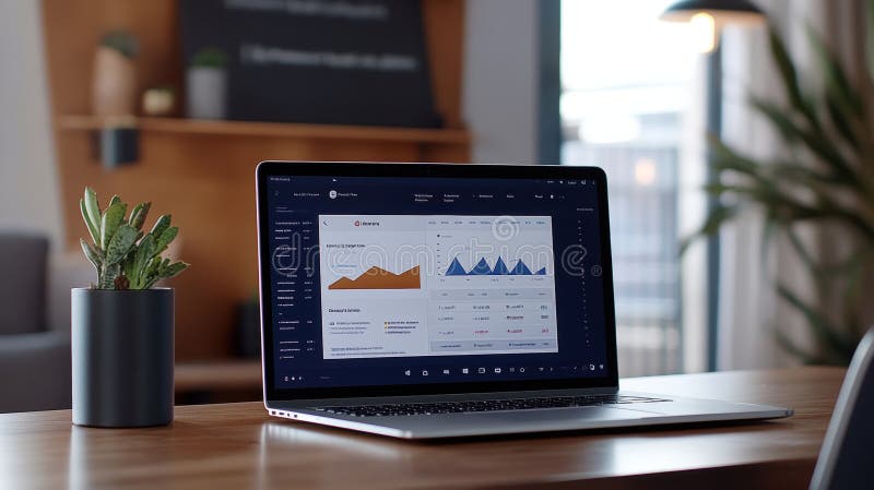 Analytics Laptop Display Showing Data Charts on a Wooden Table with ...