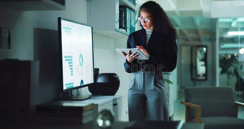 Analytics, Woman and Tablet for Data Analysis with Screen, Graphs and ...