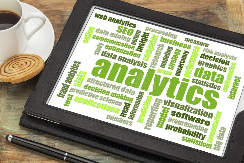 Analytics Word Cloud on Digital Tablet Stock Image - Image of software ...