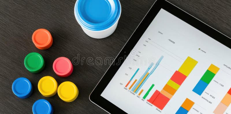 Analyze Chart Data on Tablet with Colorful Discs and Container Stock ...