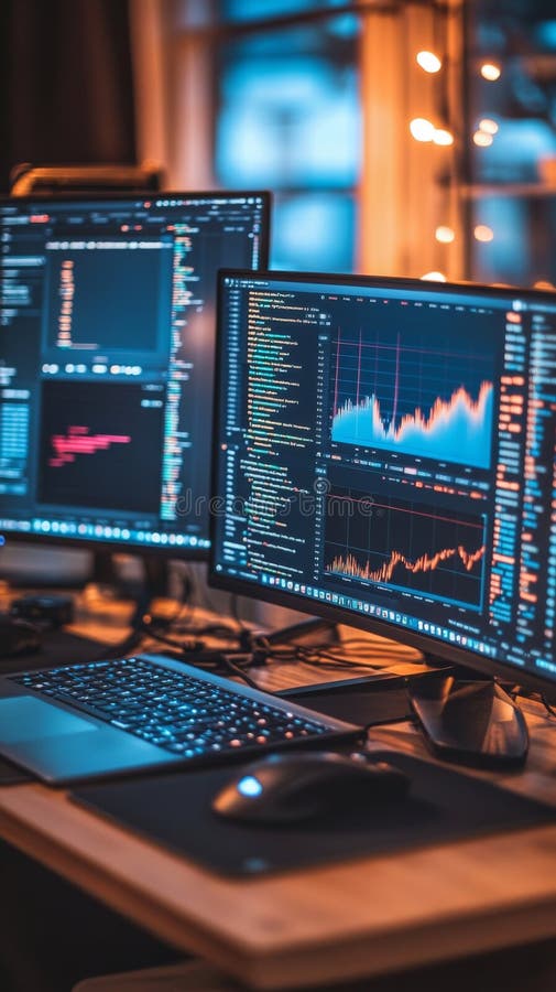Analyze Data Efficiently With Dual Monitors Featuring Coding And Analytics Visualize Trends And