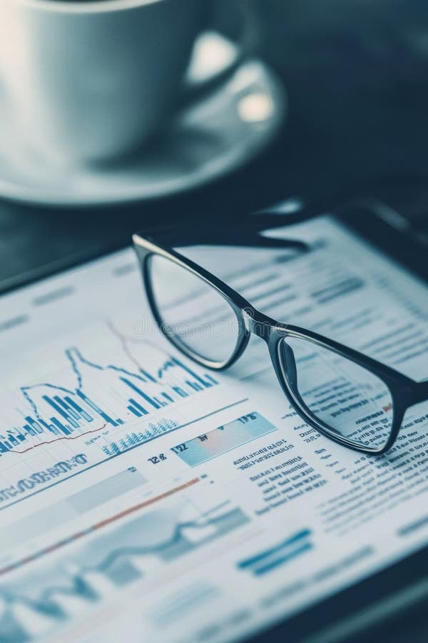 Analyze Data with Eyeglasses and a Drink, Financial Success Concept ...
