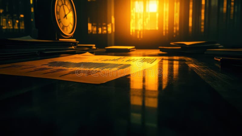 Analyze Data on Wooden Table, Office Setup with Clock and Light in the ...