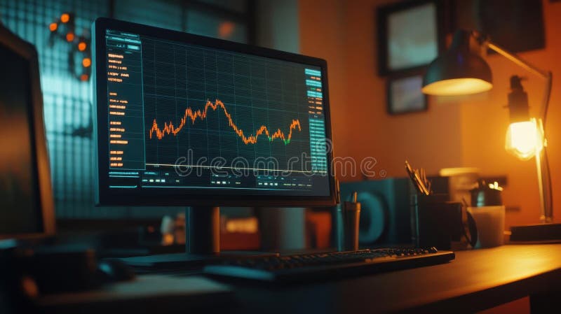 Analyze Financial Data on Computer with Office Lamp at Night and ...