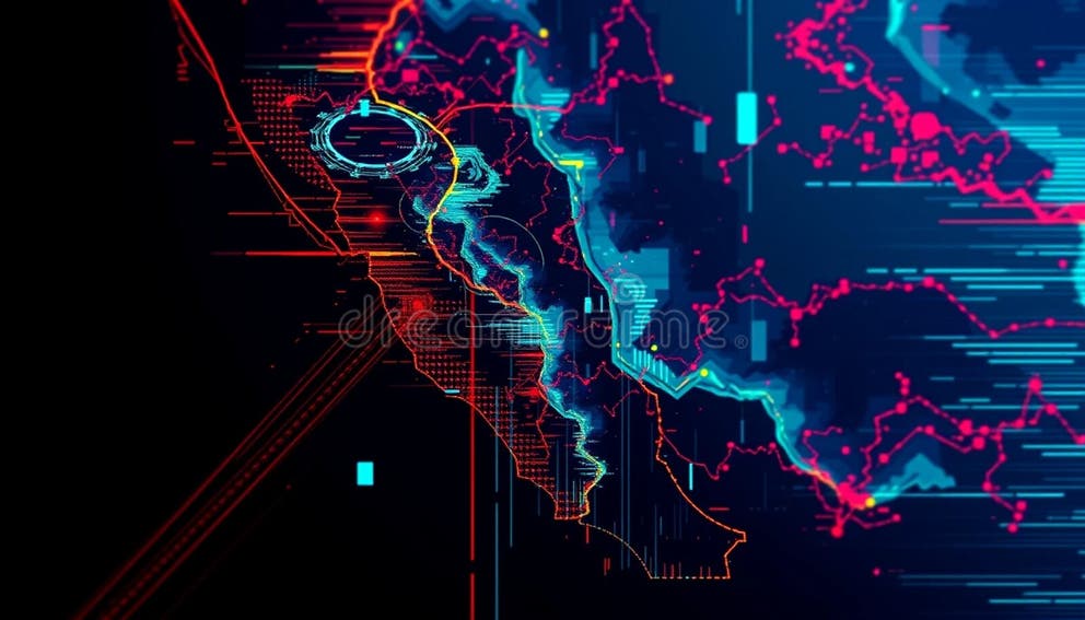 Analyzing Abstract Digital Map with Data Points and Glowing Network ...