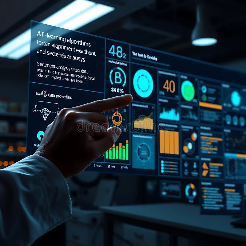 Analyzing Ai Data on Futuristic Touchscreen Interface with Hand Pointing Stock Illustration ...