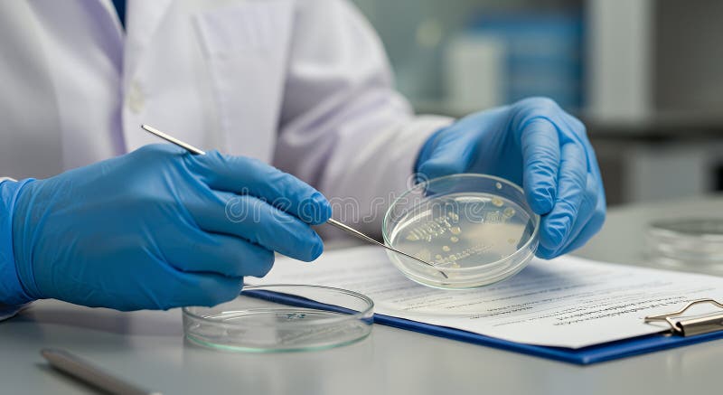 Analyzing Bacterial Cultures in Petri Dish with Lab Tools Stock ...