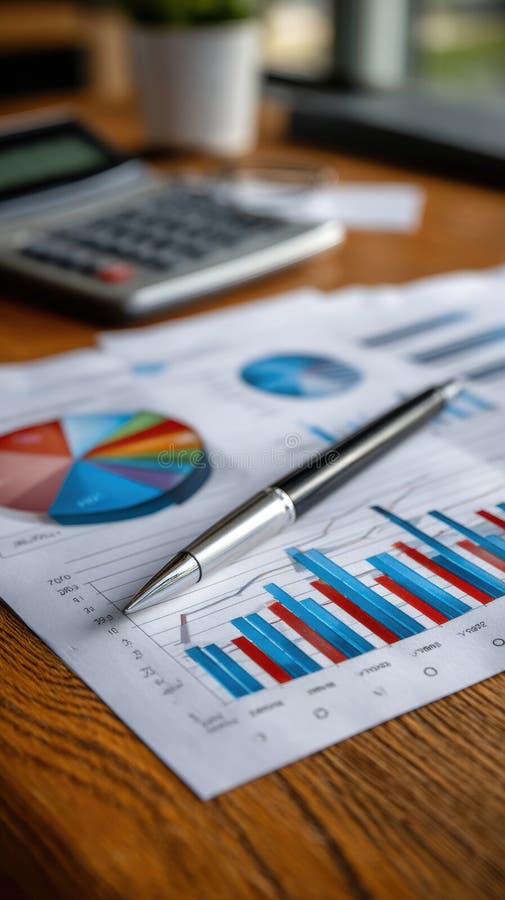 Analyzing Business Data with Pen on Charts and Calculator on Wooden ...