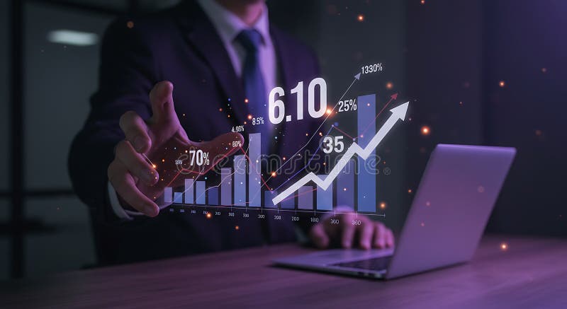 Analyzing Business Growth Data on Laptop with Graph and Rising Arrow ...