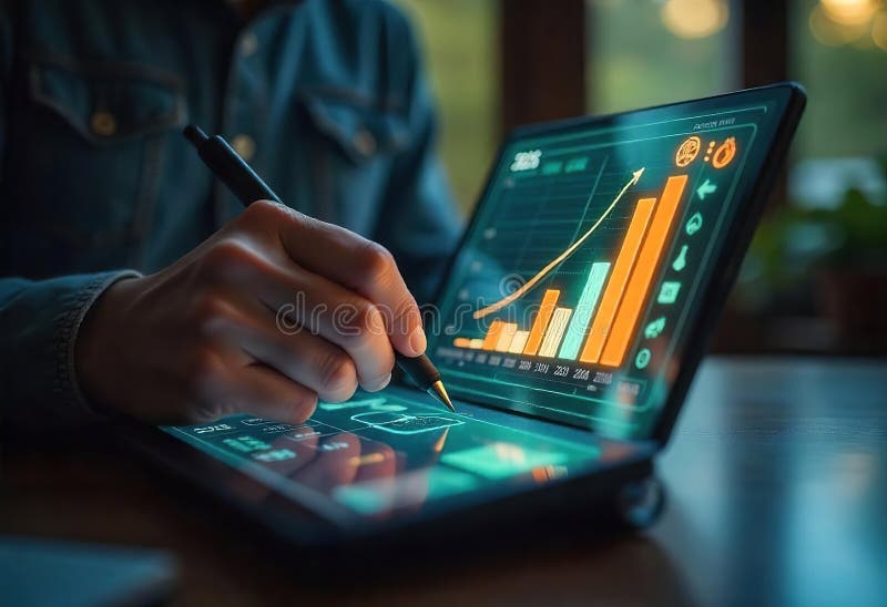 Analyzing Chart on Futuristic Tablet with Pen, Business Growth ...