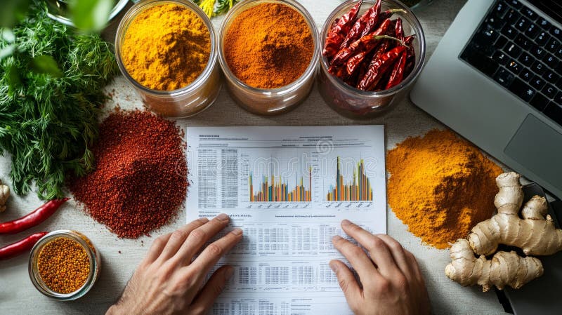 Analyzing Charts Amidst Spices and Fresh Herbs in a Culinary Workspace ...