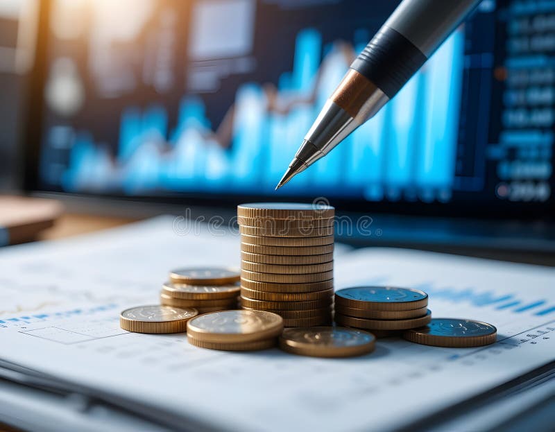 Analyzing Coin Stacks with Financial Data Chart on Screen and Pen Stock ...