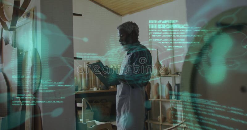 Analyzing Data Animation, Man Working in Pottery Studio, Focusing on ...