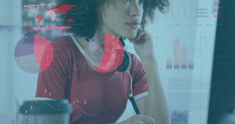 Analyzing Data Charts on Computer Screen, Woman with Headphones in ...