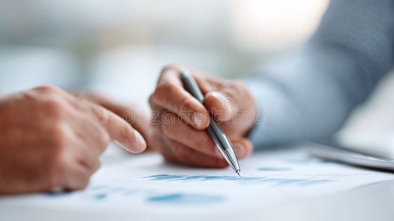 Analyzing Data. Closeup of a Hand Holding a Pen Over Charts and Graphs ...