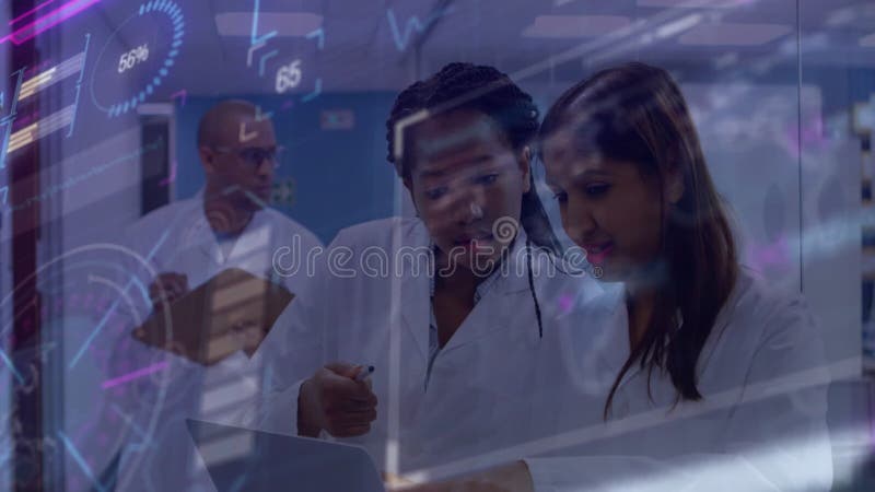 Analyzing Data With Digital Graphs Overlay Scientists Using Laptop In