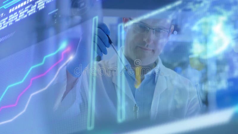 Analyzing Data With Graphs And Charts Overlay Scientist Working In Laboratory Stock Video