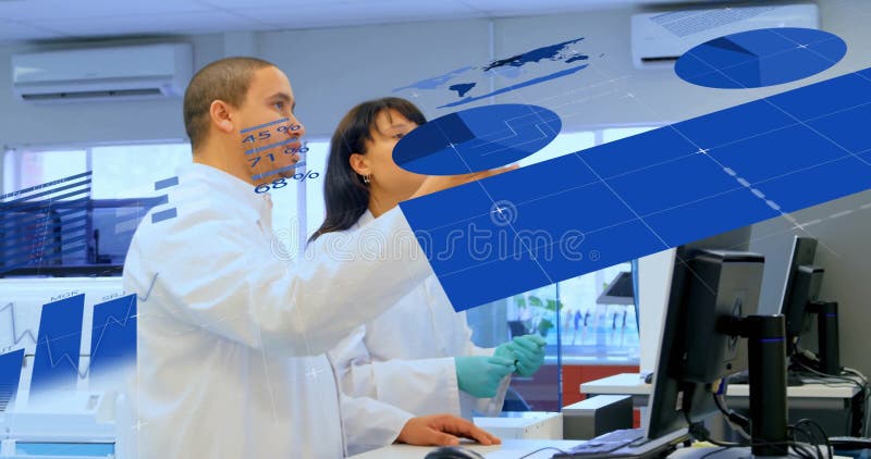 Analyzing Data with Graphs and Charts Overlay, Scientists Working in ...