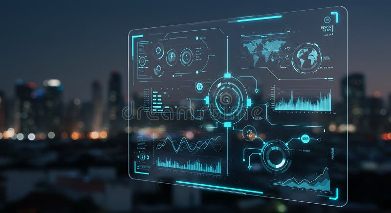 Analyzing Data Interface with Digital Screen Displaying Graphs Over ...