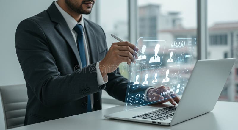 Analyzing Data on Laptop with Digital Interface at Office Desk Stock ...