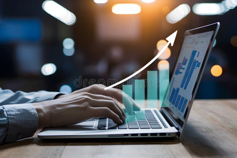 Analyzing Data with Laptop, Hands Typing, Rising Bar Chart, Blurred ...