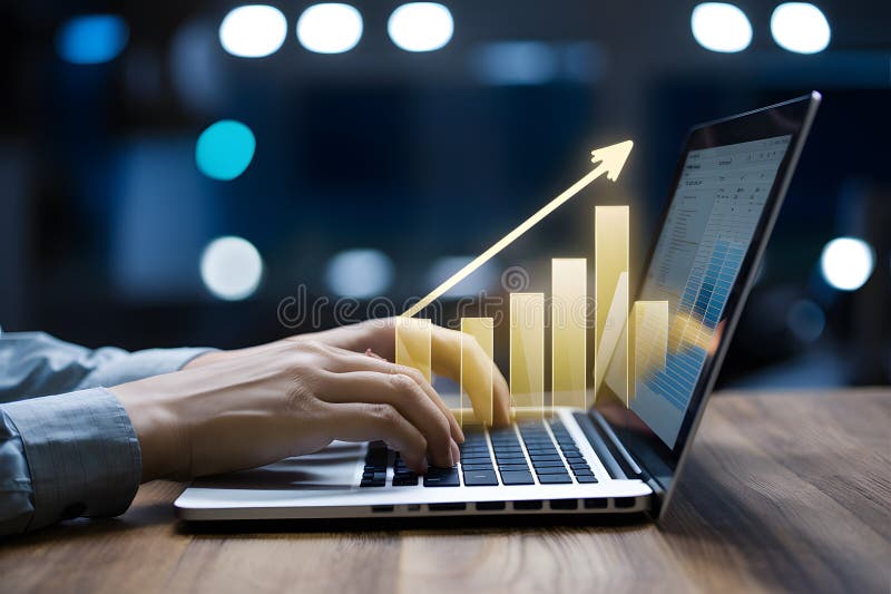 Analyzing Data with Laptop, Hands Typing, Rising Bar Chart, Blurred ...