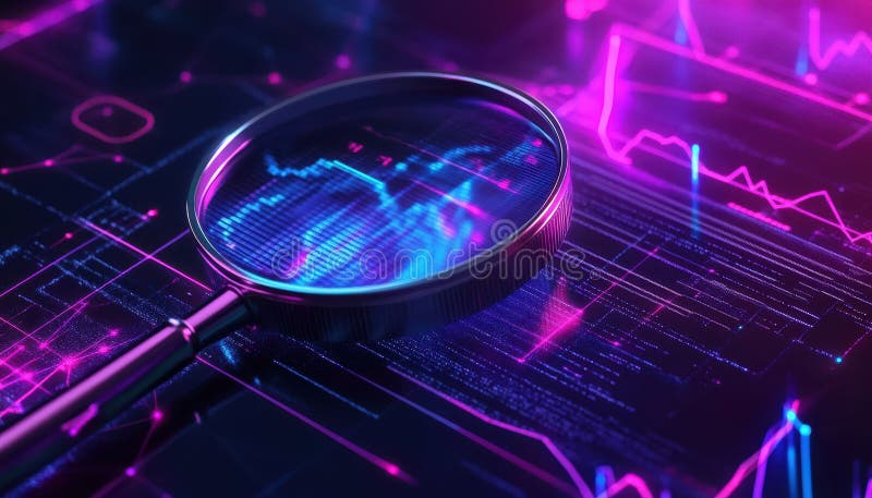 Analyzing Data with Magnifying Glass on Neon Graph Screen in a Digital ...