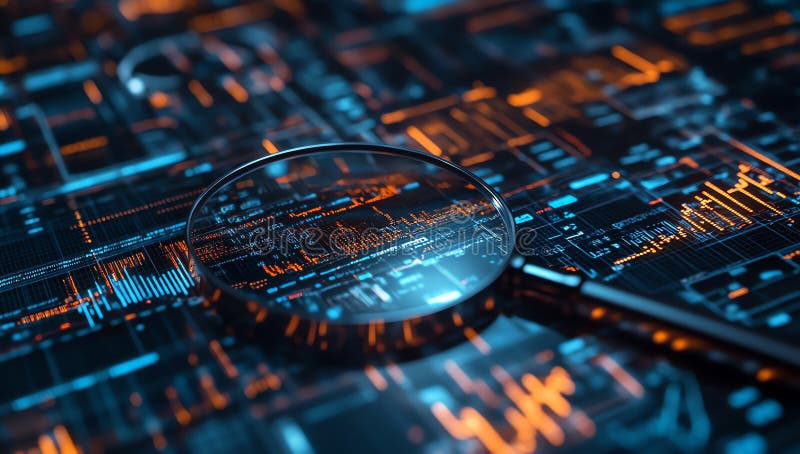 Analyzing Data with Magnifying Glass Over Circuit Board Background ...