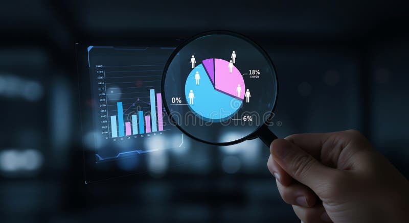 Analyzing Data with Magnifying Glass Over Pie Chart and Bar Graph ...