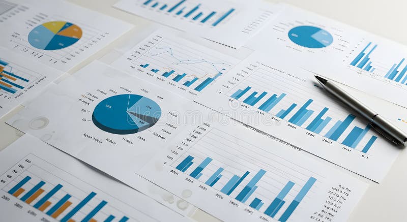 Analyzing Data Reports with Charts and Graphs Using a Pen Stock Photo ...