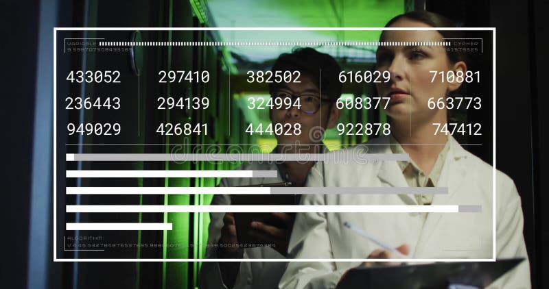 Analyzing Data, Scientists in Laboratory Using Digital Numbers and Graphs Animation Stock ...