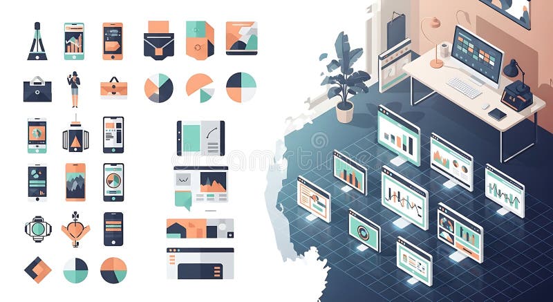 Analyzing Data on Screens Isometric Office Setup Stock Image - Image of ...
