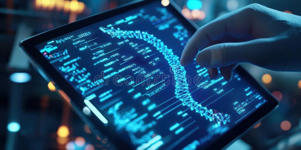 Analyzing Data on Tablet with Futuristic Interface and Digital Network Visualization Stock Photo ...