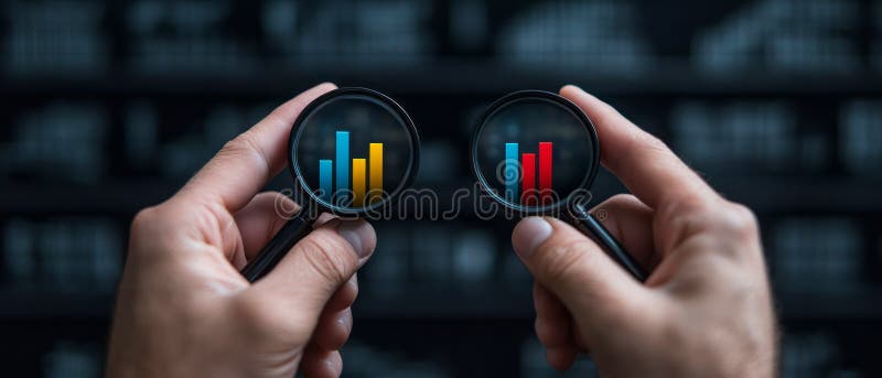 Analyzing Data Trends with Magnifying Glasses Over Colorful Bar Graphs ...