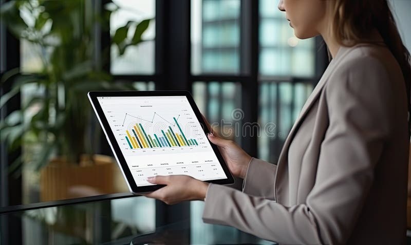 A Woman Holding a Tablet with a Chart on it Stock Illustration ...