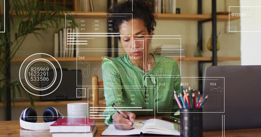 Analyzing Data and Writing, Woman in Office with Digital Interface ...