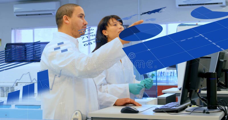 Analyzing Digital Charts Two Researchers Wearing Lab Coats at Lab Bench, with Computer and ...