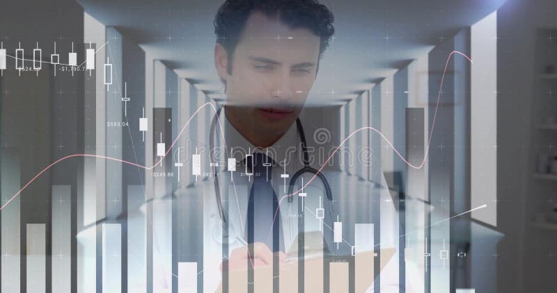 Analyzing Doctor in Lab Coat with Stethoscope Using Tablet in Medical Corridor, with Stock ...