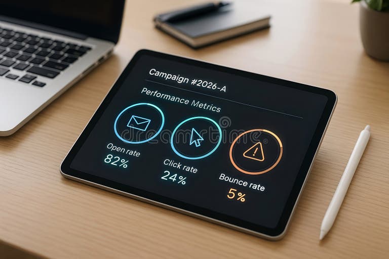 Analyzing Email Marketing Campaign Metrics on a Tablet Displaying Open ...